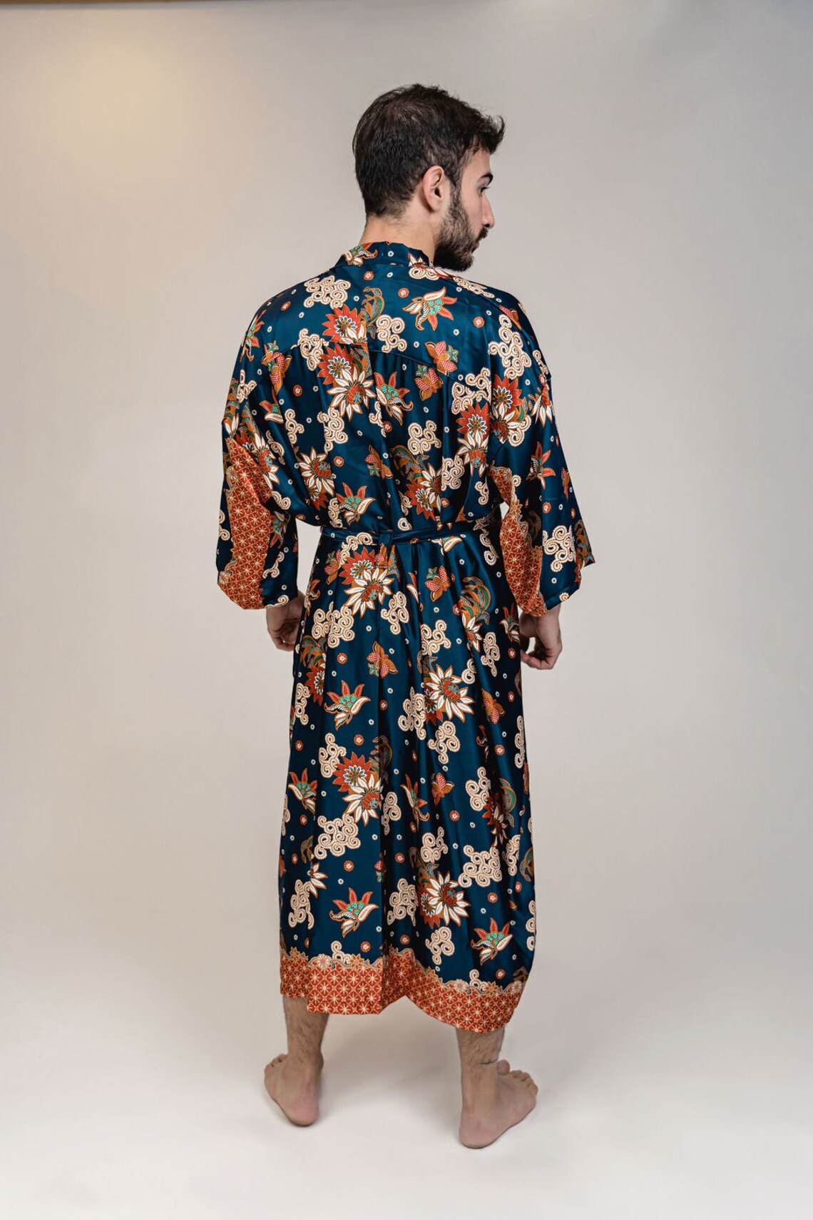 Mens Navy Blue Orange Floral Silk Long Kimono Robe Floor - Etsy