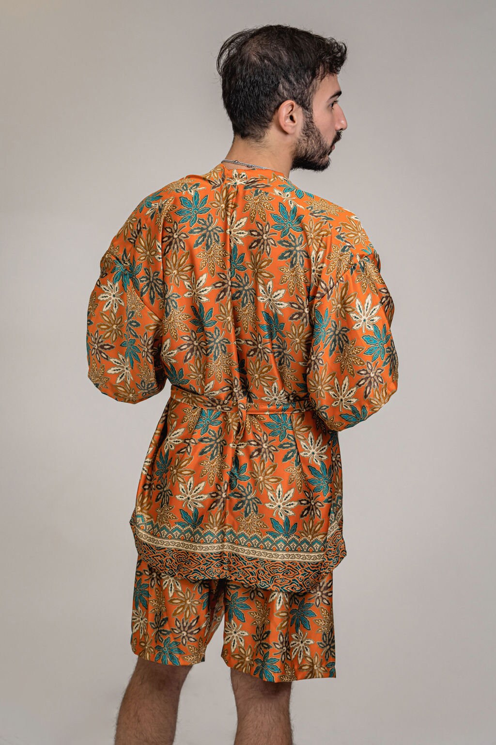 Mens Burnt Orange Blue Floral Silk Kimono Haori Robe Matching Boxer ...