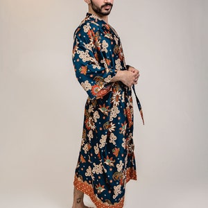 Mens Navy Blue Orange Floral Silk Long Kimono Honeymoon Robe, Boheme ...