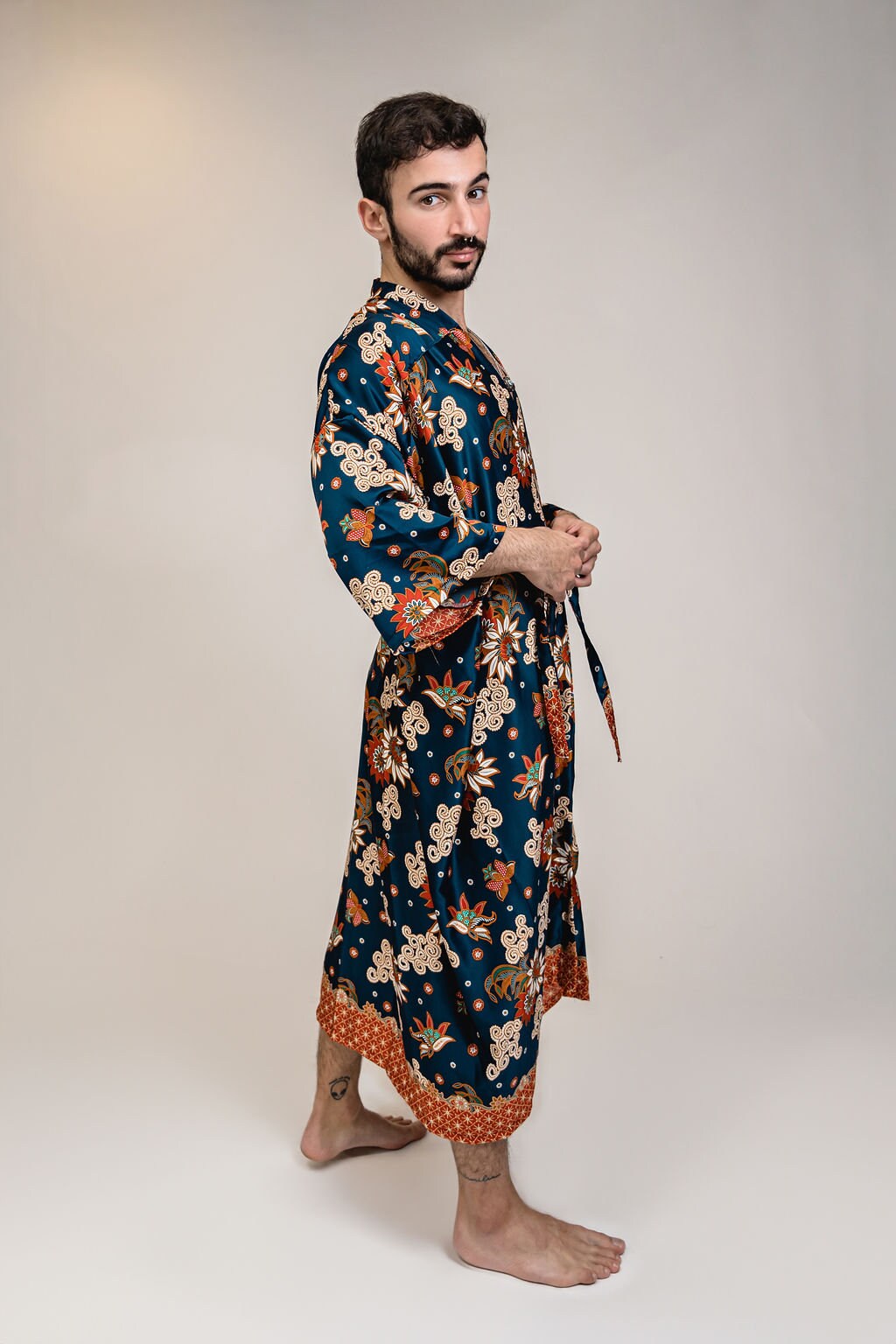 Mens Navy Blue Orange Floral Silk Long Kimono Robe Floor - Etsy