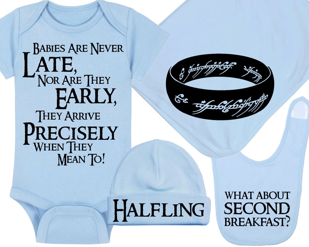 LOTR Baby Onesie® / Hat / Blanket / Bib Package Combinations - A Baby is Never Late / Halfling ...