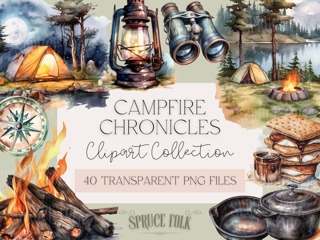 Watercolor Camping Themed Clipart | Collection of 40 | Campfire ...