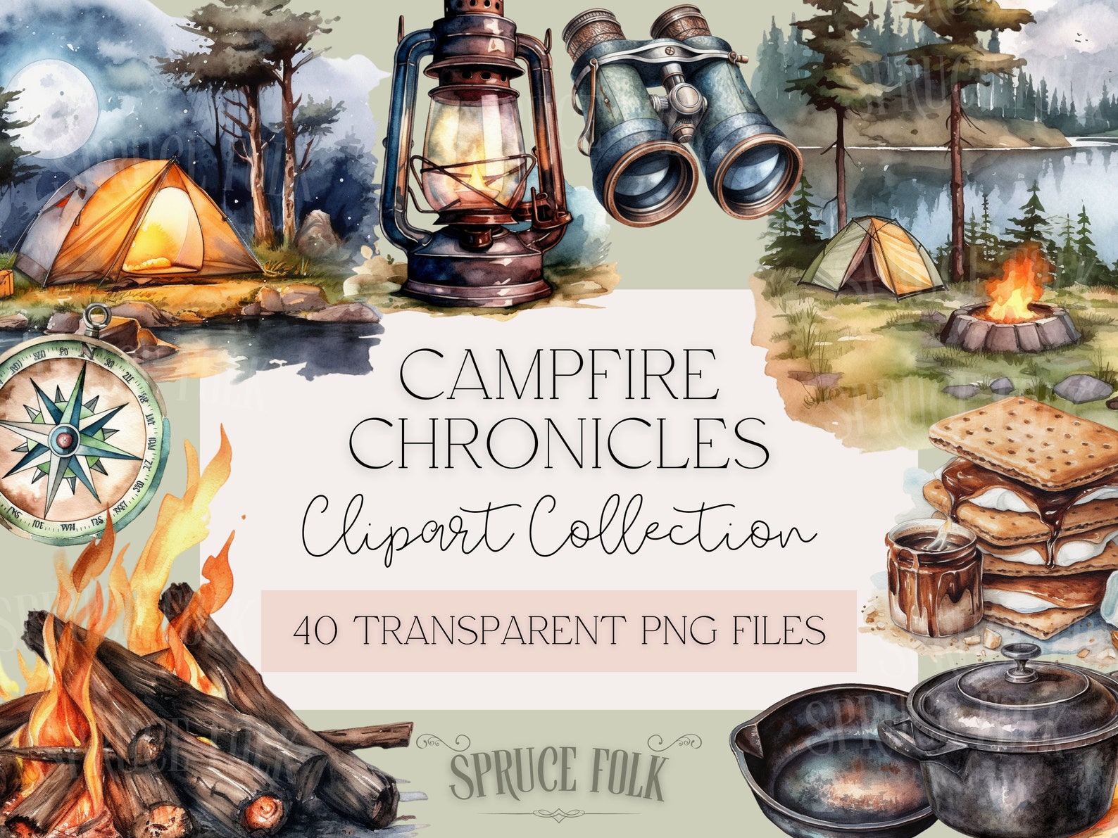 Watercolor Camping Themed Clipart | Collection of 40 | Campfire ...