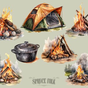Watercolor Camping Themed Clipart | Collection of 40 | Campfire ...