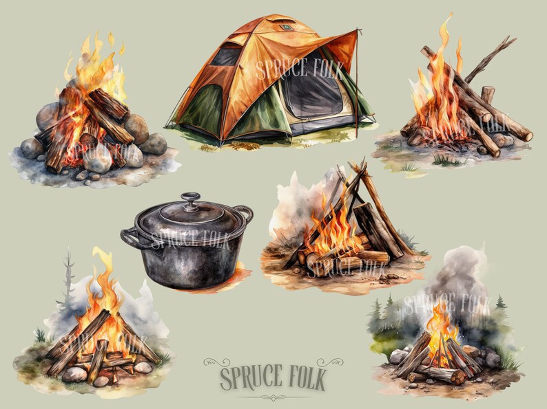 Watercolor Camping Themed Clipart | Collection of 40 | Campfire ...