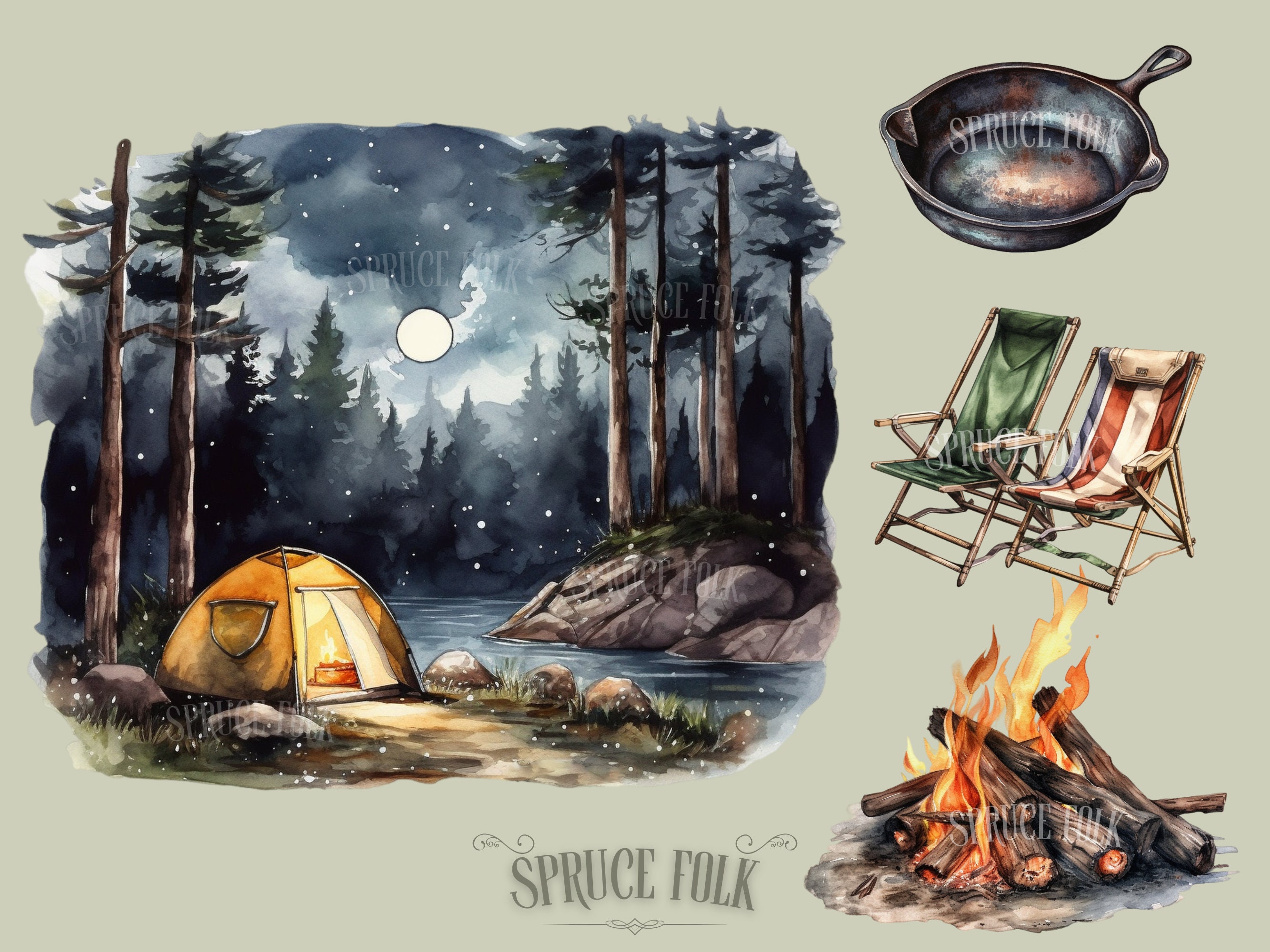 Watercolor Camping Themed Clipart | Collection of 40 | Campfire ...