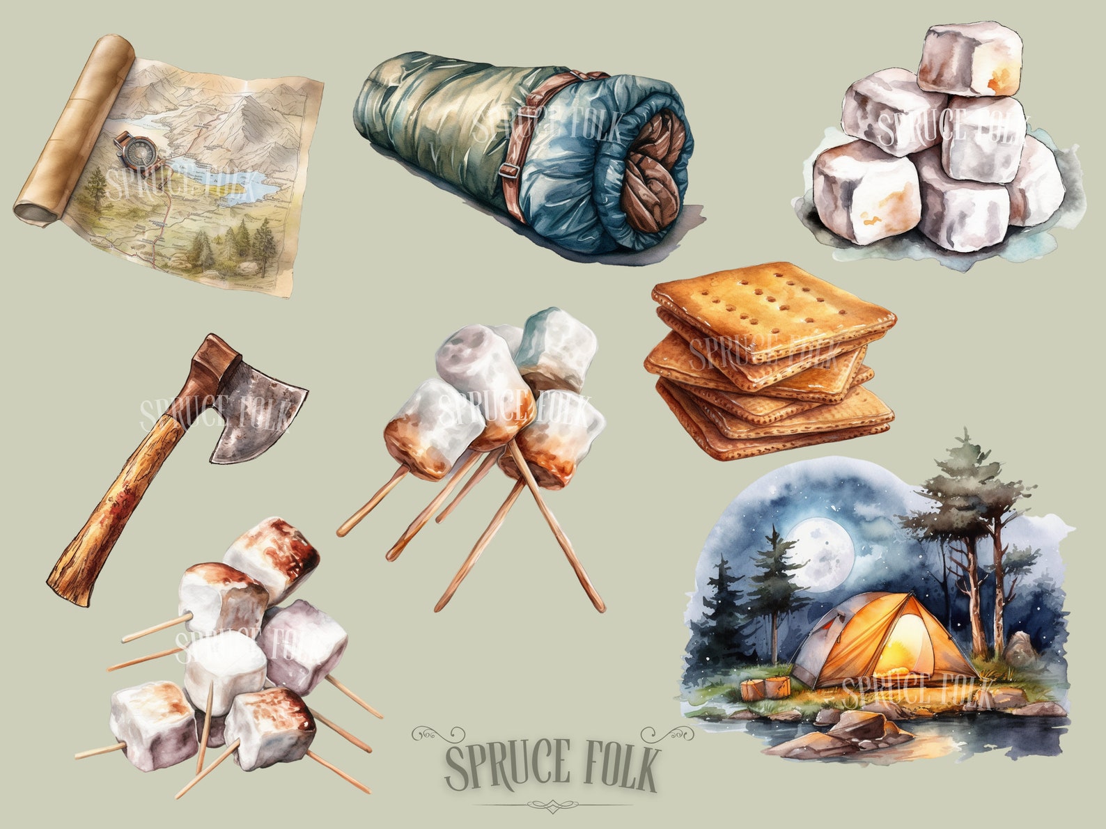 Watercolor Camping Themed Clipart | Collection of 40 | Campfire ...