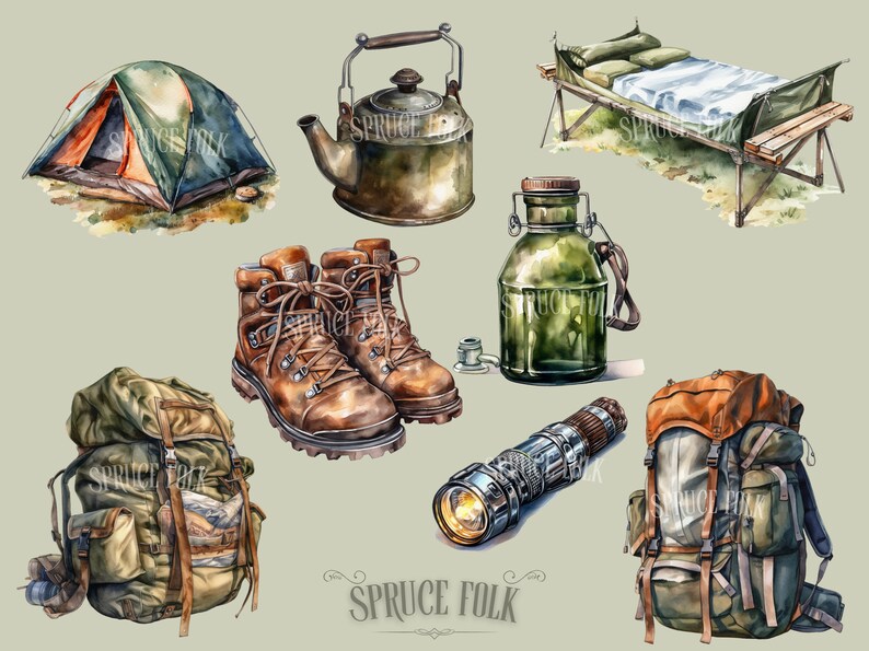 Watercolor Camping Themed Clipart | Collection of 40 | Campfire ...