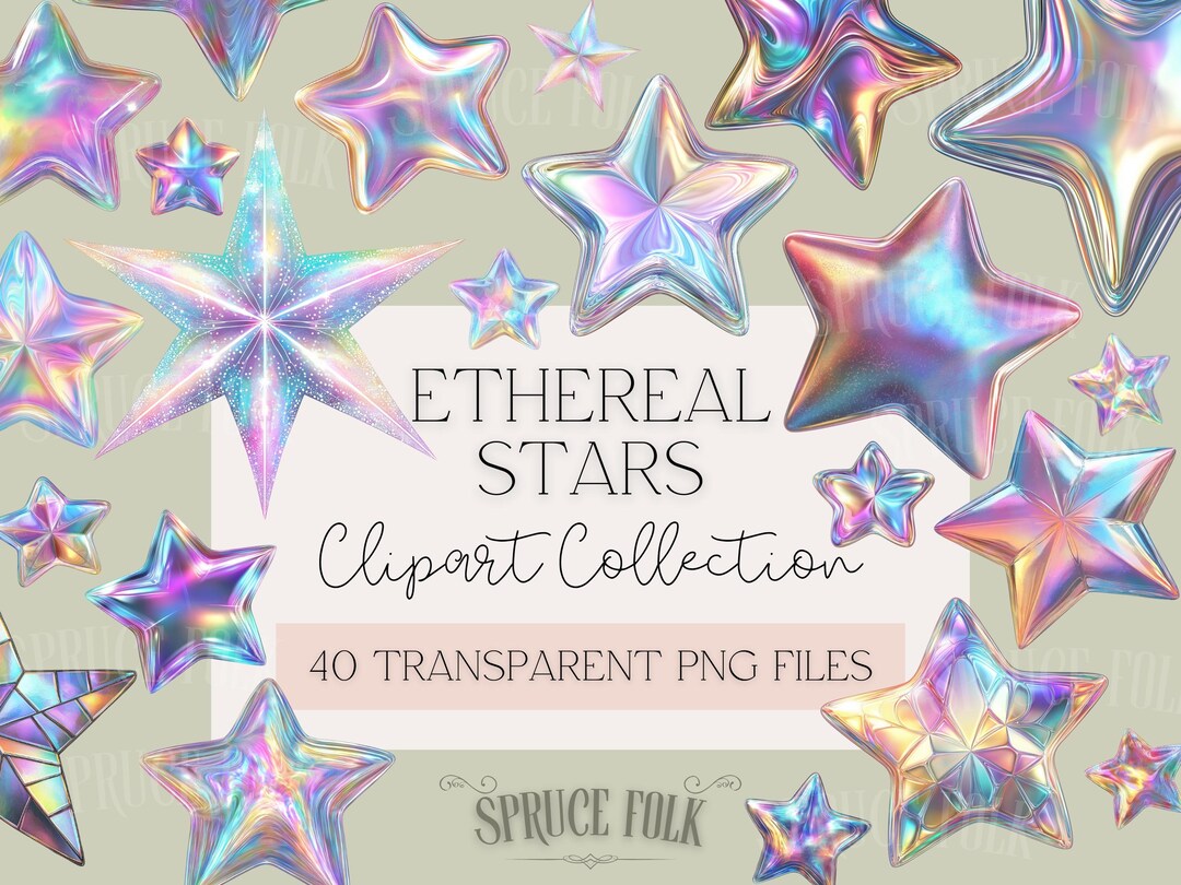 Ethereal Stars Clipart | Collection of 40 | Iridescent Holographic ...