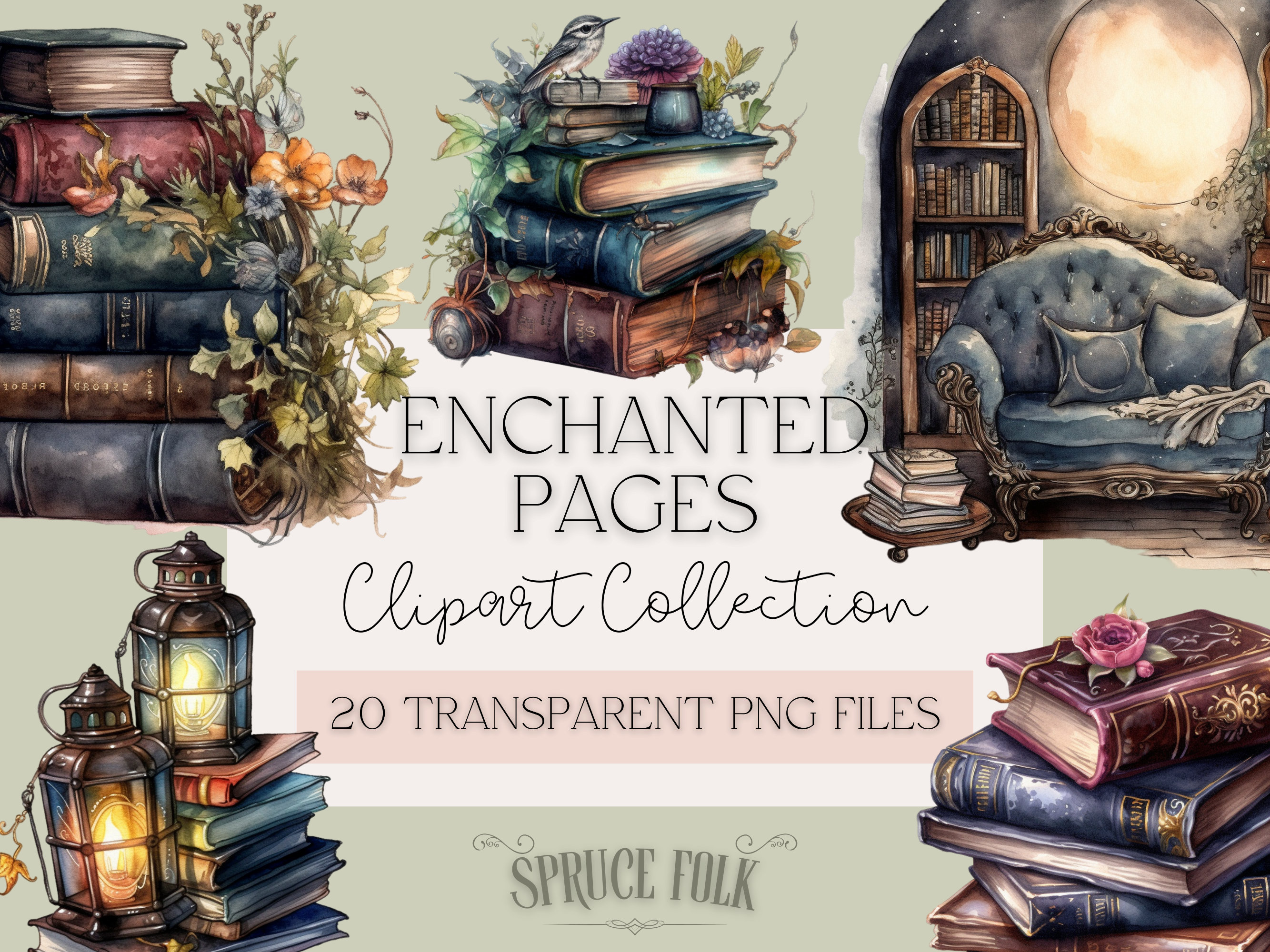 Watercolor Book Themed Clipart Collection of 20 Enchanted Pages ...
