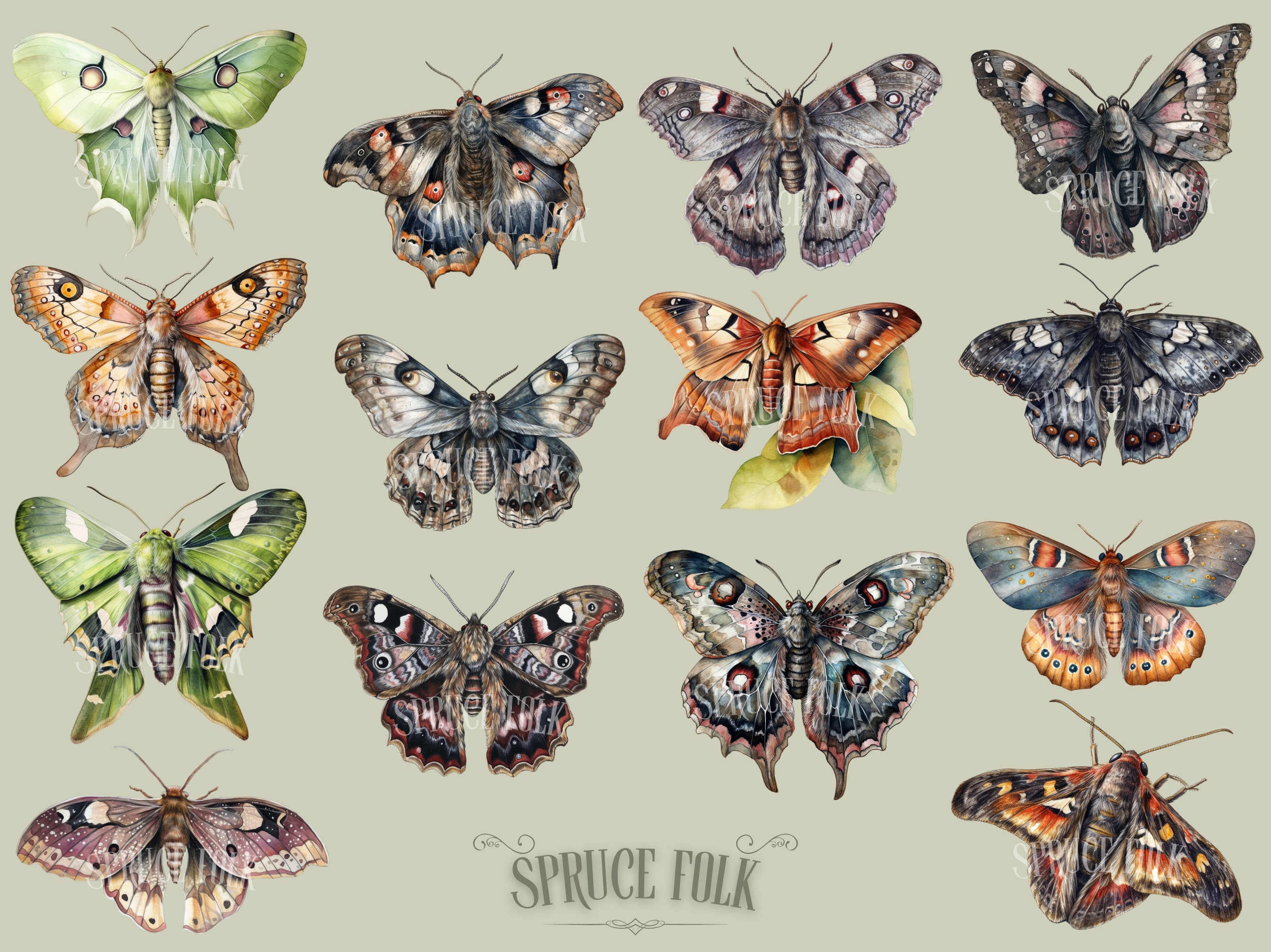 Watercolor Moth Themed Clipart | Collection of 70 | Moonlit Moths ...