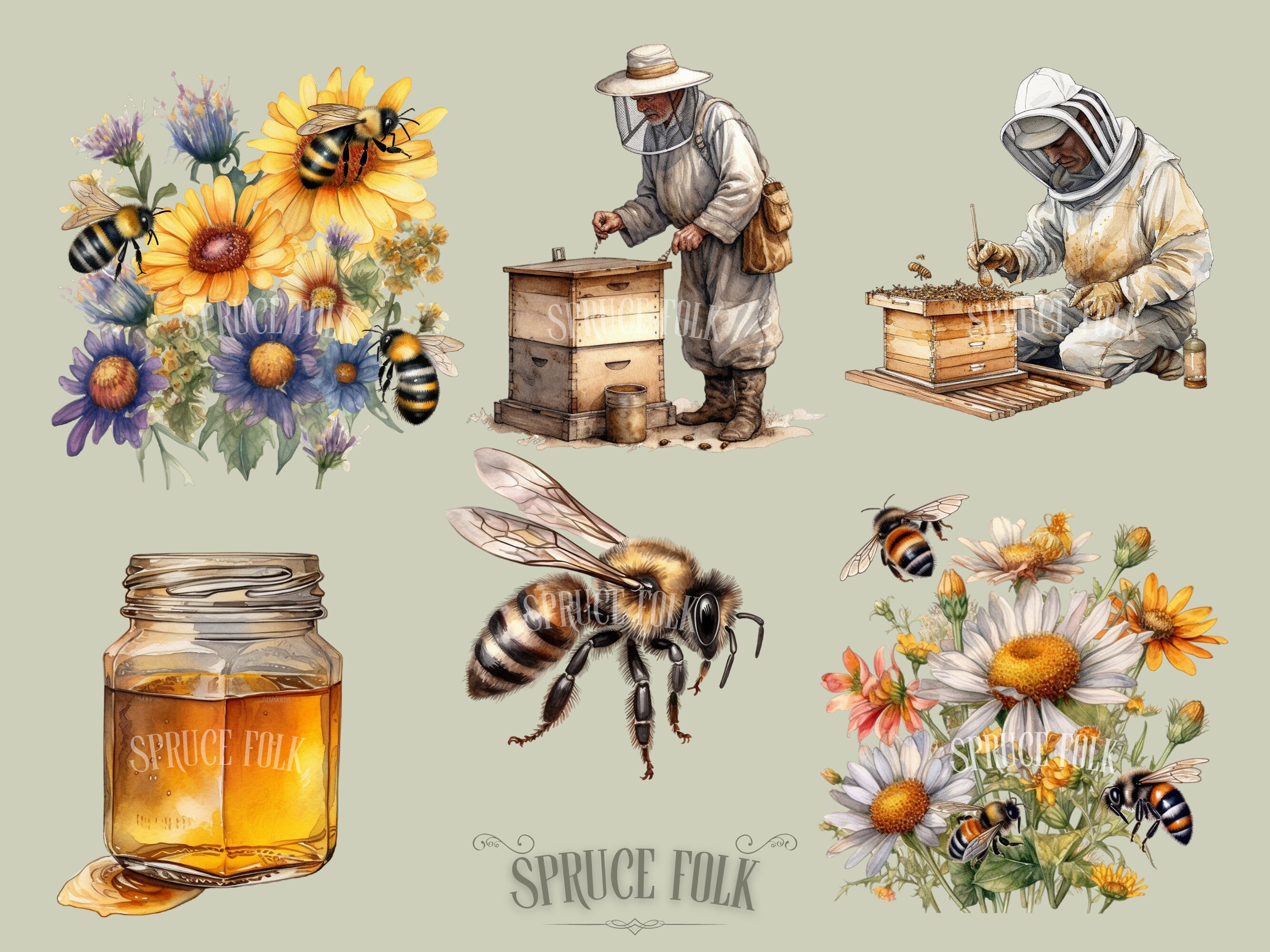 Watercolor Beekeeping & Honey Themed Clipart | Collection of 24 | the ...