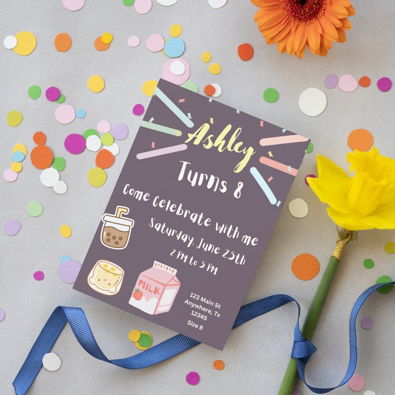 Boba Editable Birthday Girl Invitation Pastel Elements - Etsy