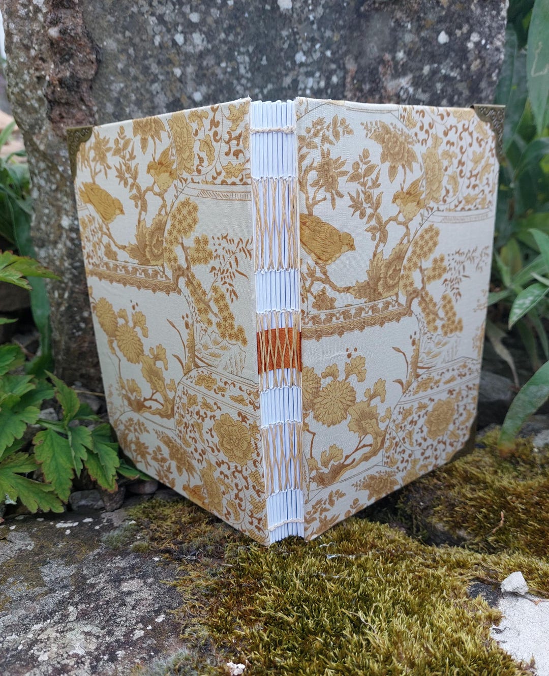 Handbound A5 Coptic Stitch Notebook: Mustard Yellow Oriental Fabric ...