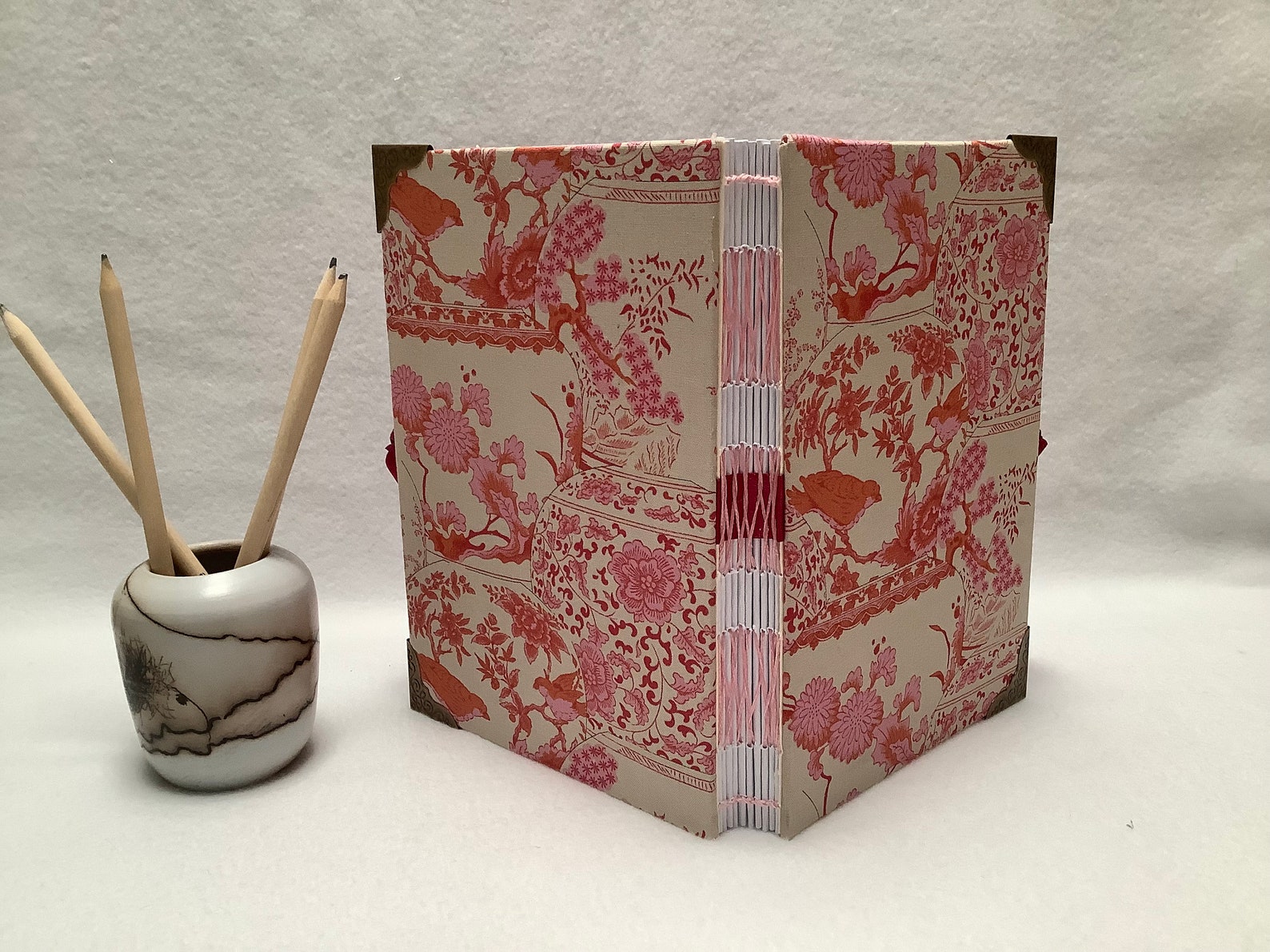 Handbound A5 Coptic Stitch Notebook, Pink Oriental Fabric Cover - Etsy