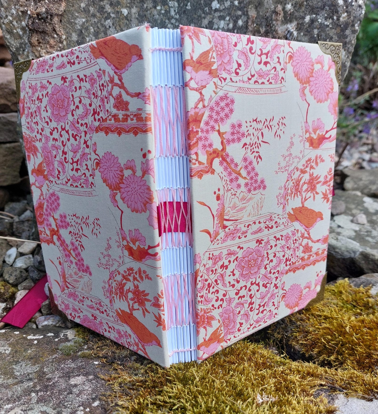 Handbound A5 Coptic Stitch Notebook, Pink Oriental Fabric Cover - Etsy