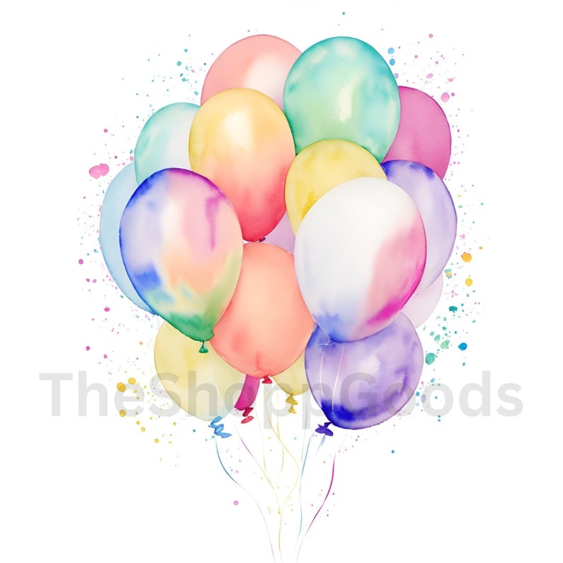 Birthday Balloons Watercolor Clipart Bundle, 14 High Quality Jpgs ...