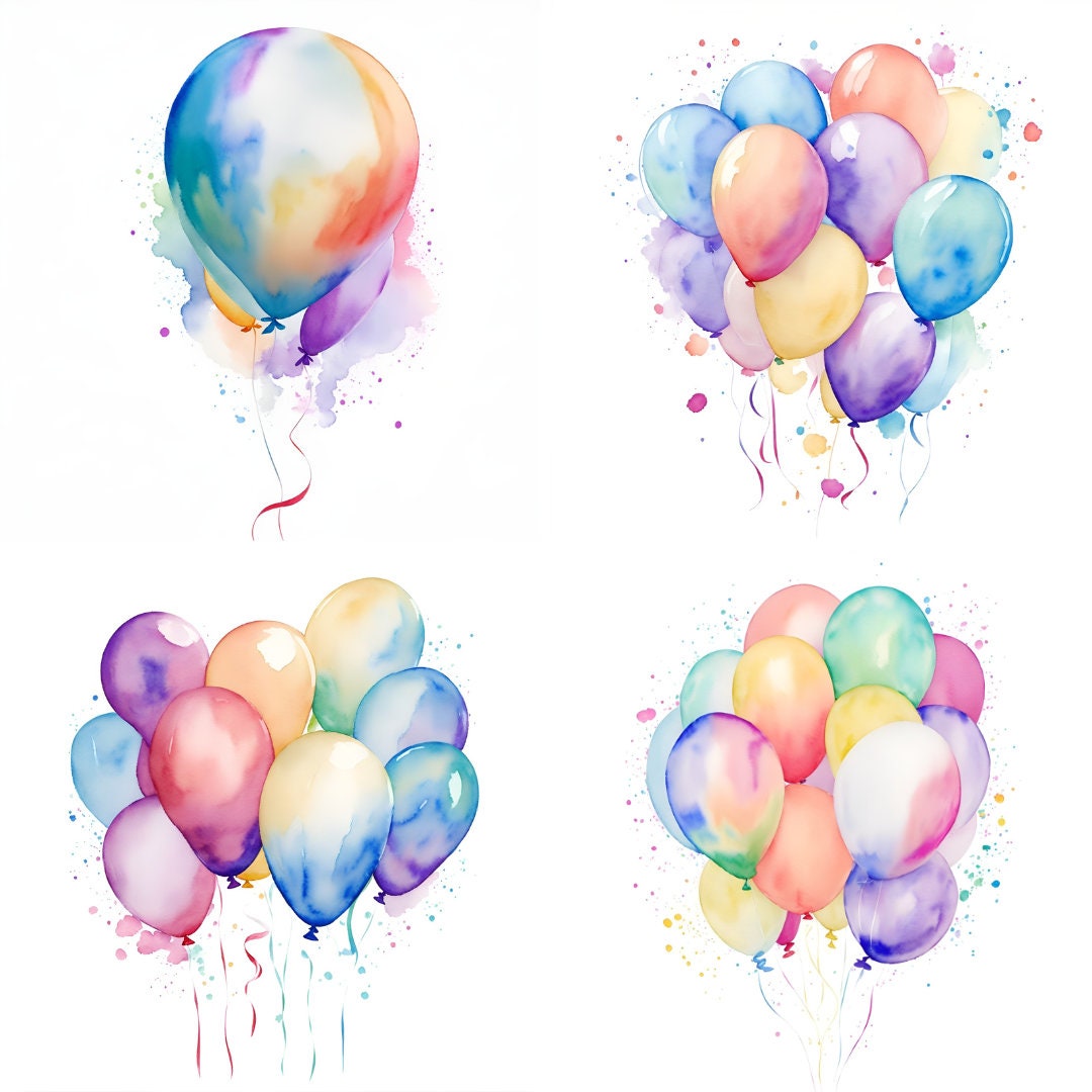 Birthday Balloons Watercolor Clipart Bundle, 14 High Quality Jpgs ...