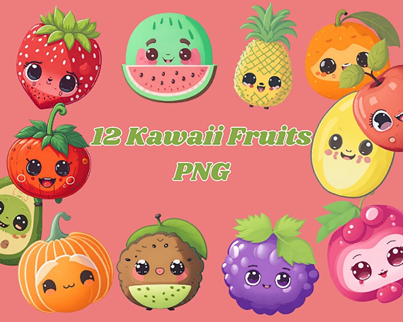 Kawaii Fruit Clipart Bundle, Cute Kawaii Cartoon Style Fruits, Instant ...