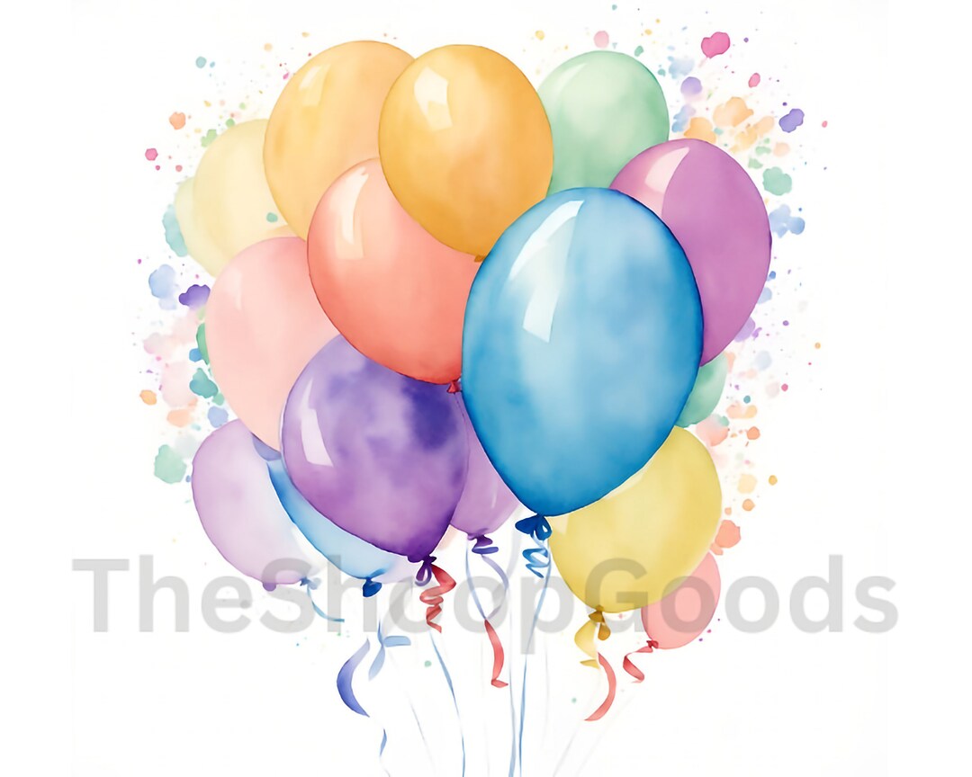 Birthday Balloons Watercolor Clipart Bundle, 14 High Quality Jpgs ...
