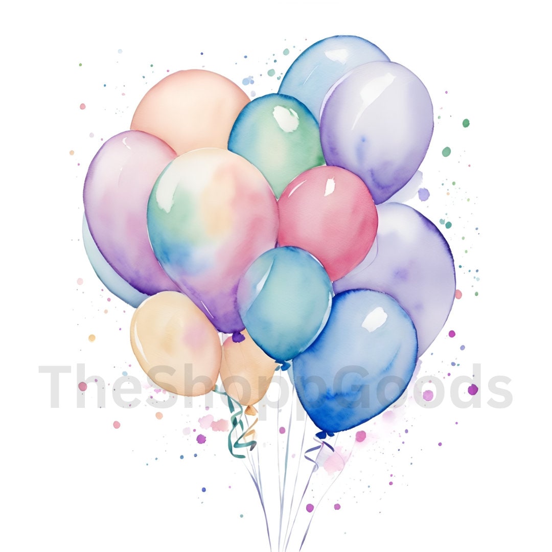 Birthday Balloons Watercolor Clipart Bundle, 14 High Quality Jpgs ...
