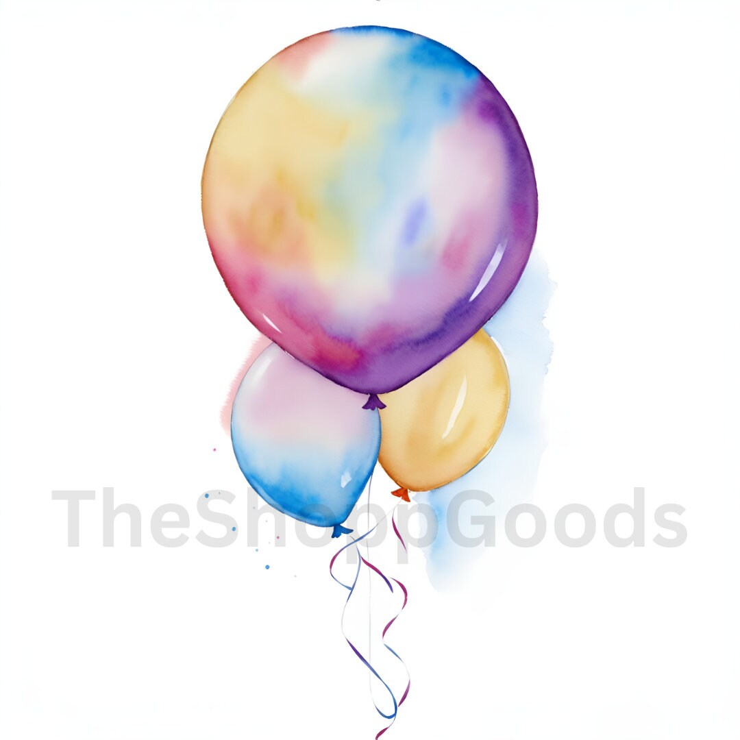 Birthday Balloons Watercolor Clipart Bundle, 14 High Quality Jpgs ...