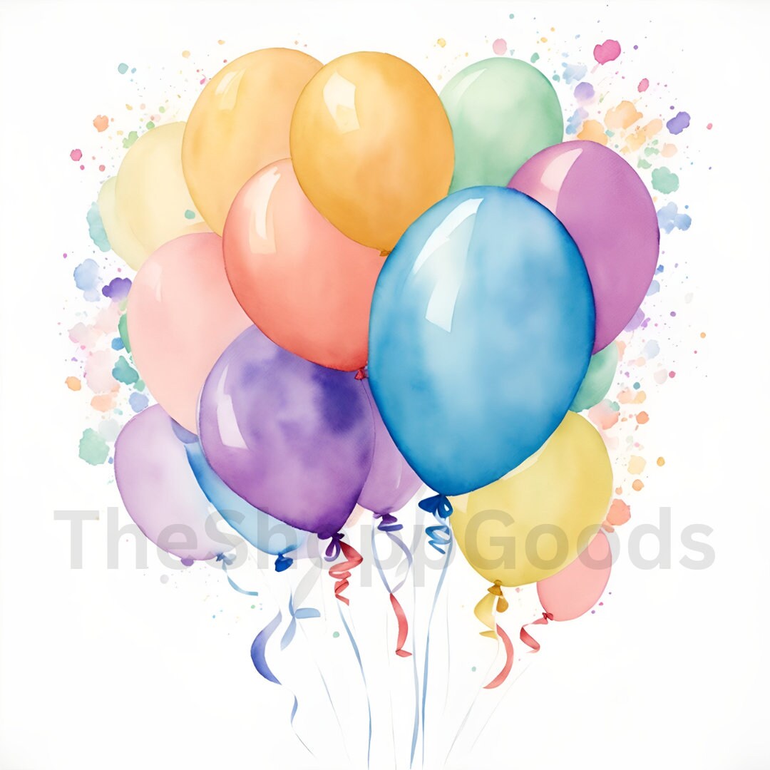 Birthday Balloons Watercolor Clipart Bundle, 14 High Quality Jpgs ...