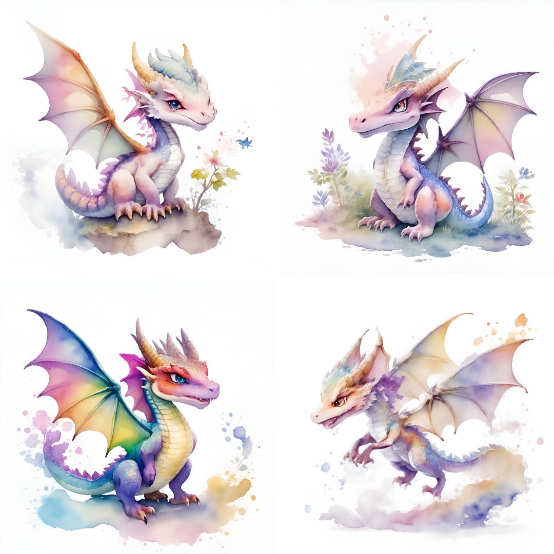 Cute Cartoon Style Dragons Clipart Bundle, 12 Transparent Pngs, Nursery ...