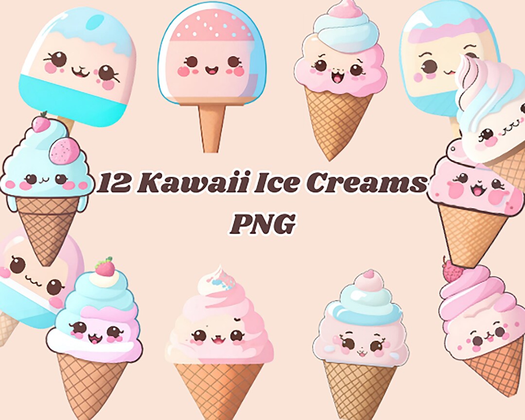 Kawaii Ice Creams Clipart Bundle, Cute Kawaii Cartoon Style Ice Cream ...