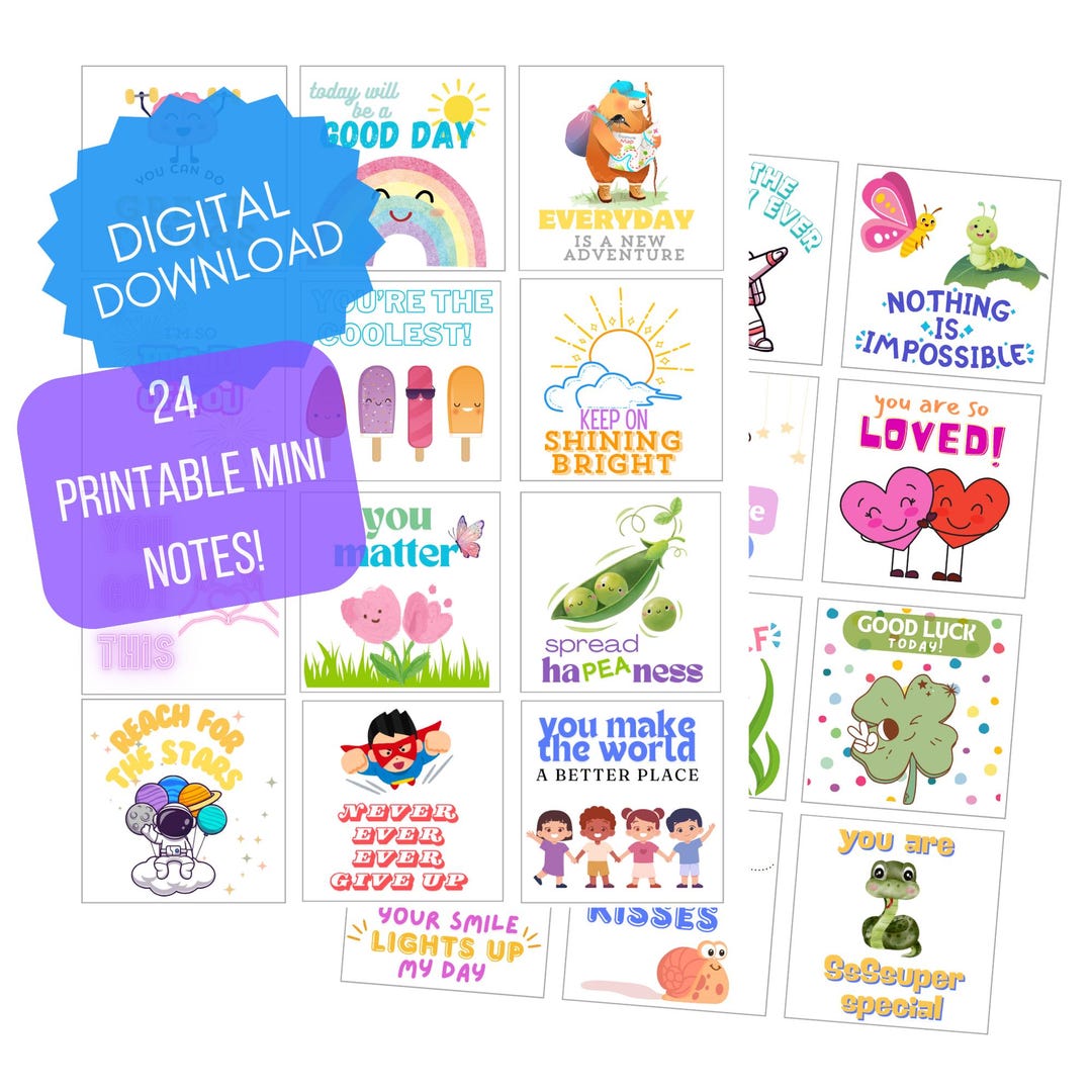 Lunch Box Notes for Kids | 24 Cute Motivational Mini Messages for Lunch ...