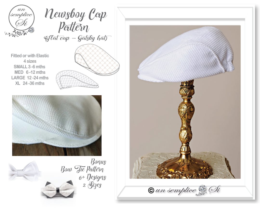 Baby Newsboy Cap Pattern, Flat Cap Pattern, Baptism Boys Hat and Bow Tie Pattern, Baby Cap ...