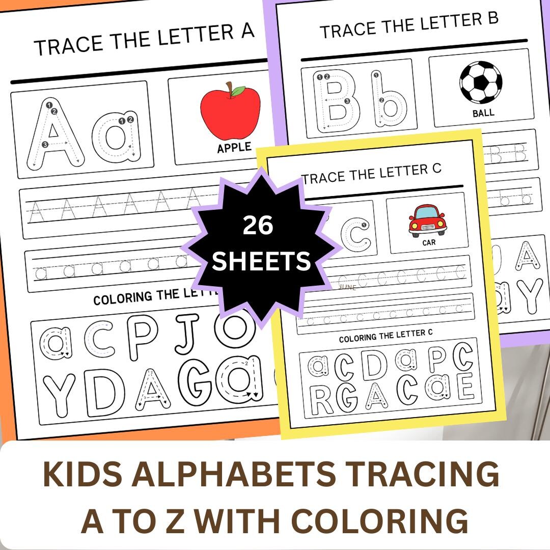 Kids Alphabet Tracing Worksheets A-Z With Coloring Pages (26 Sheets) - Etsy