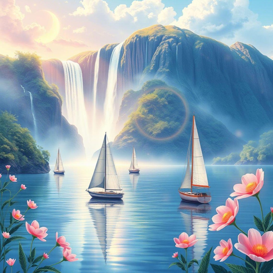 4 A Dreamscape Voyage Waterfall Sailboats and Starlight Blooms ...