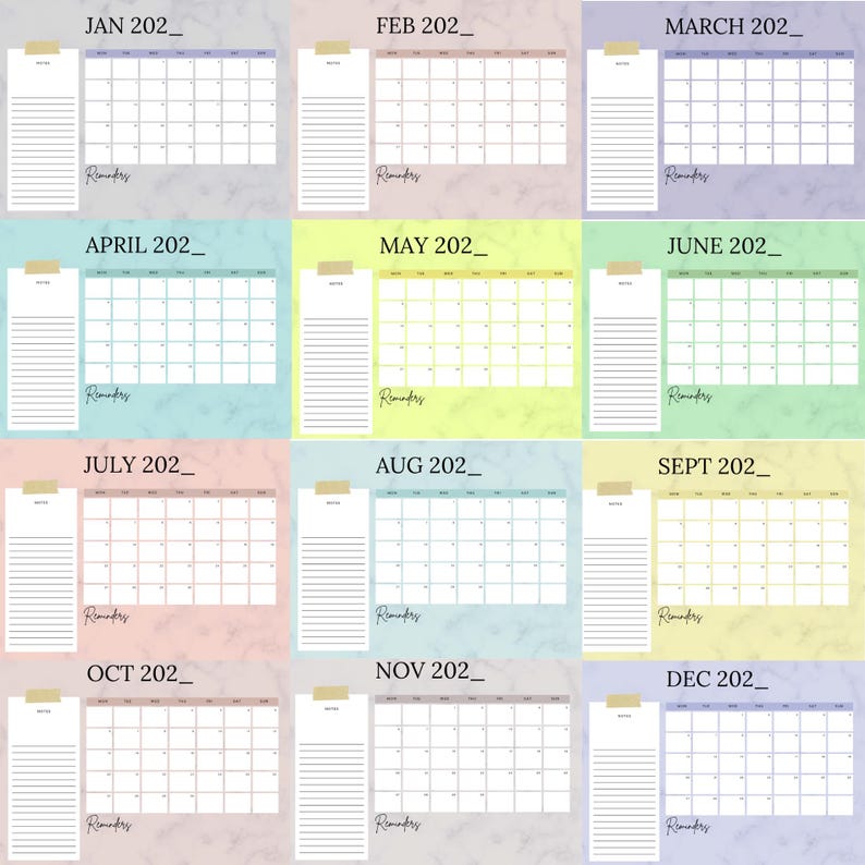Digital Year Calendar PDF Editable Colorful Template Printable File ...