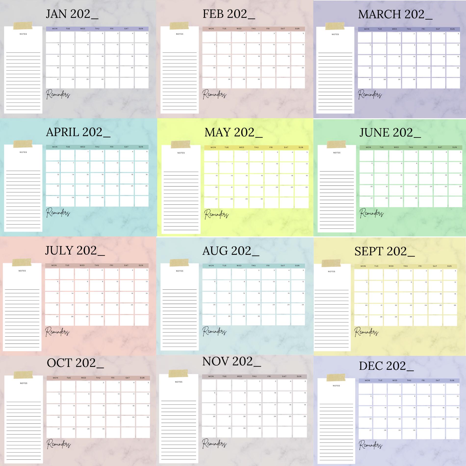 Digital Year Calendar PDF Editable Colorful Template Printable File ...