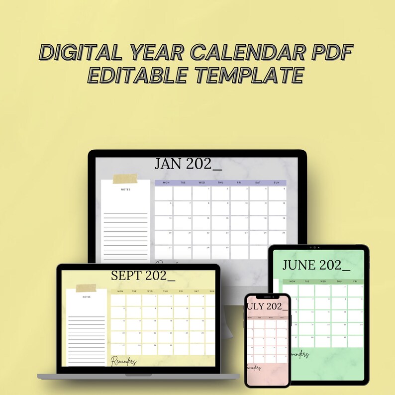 Digital Year Calendar PDF Editable Colorful Template Printable File ...