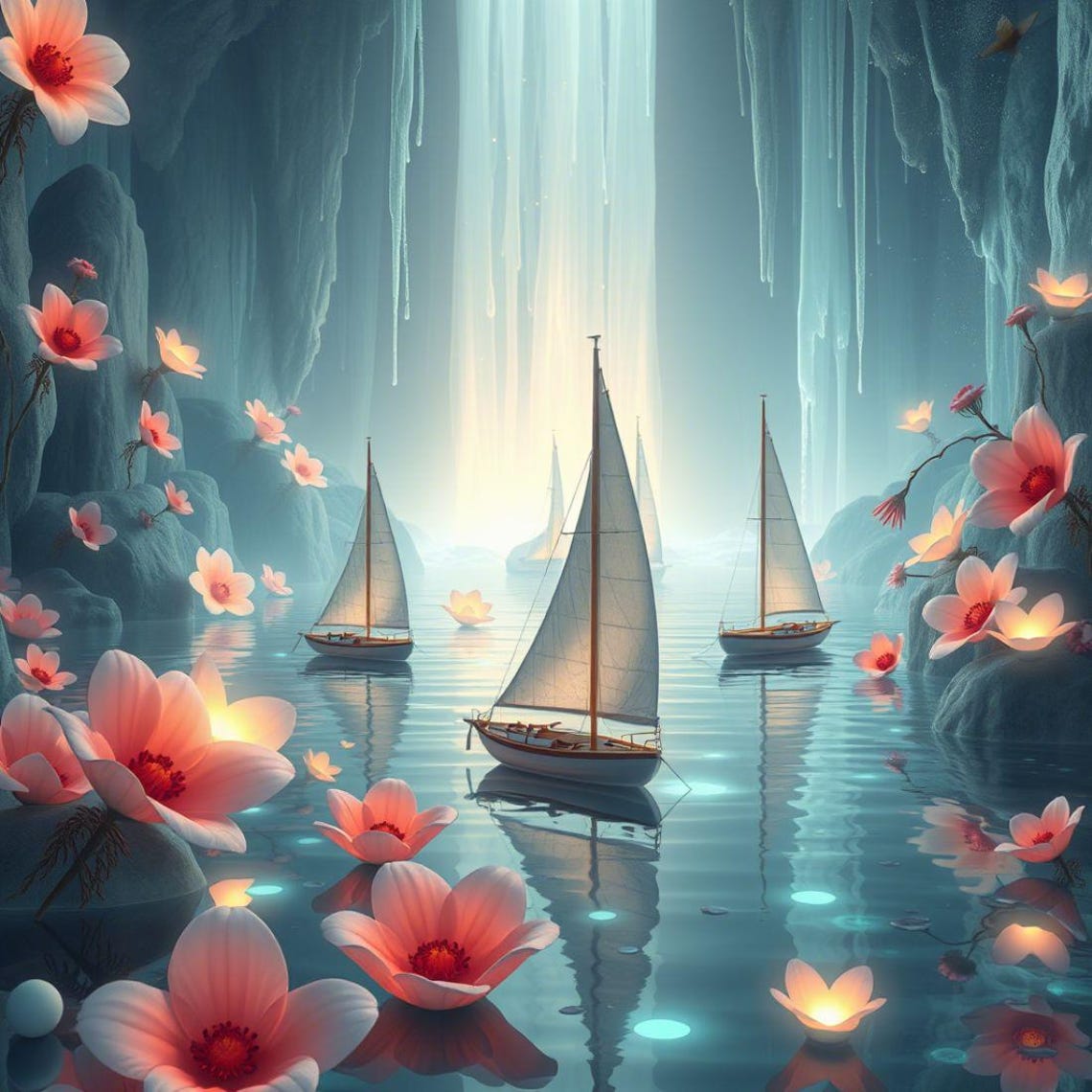 4 A Dreamscape Voyage Waterfall Sailboats and Starlight Blooms ...