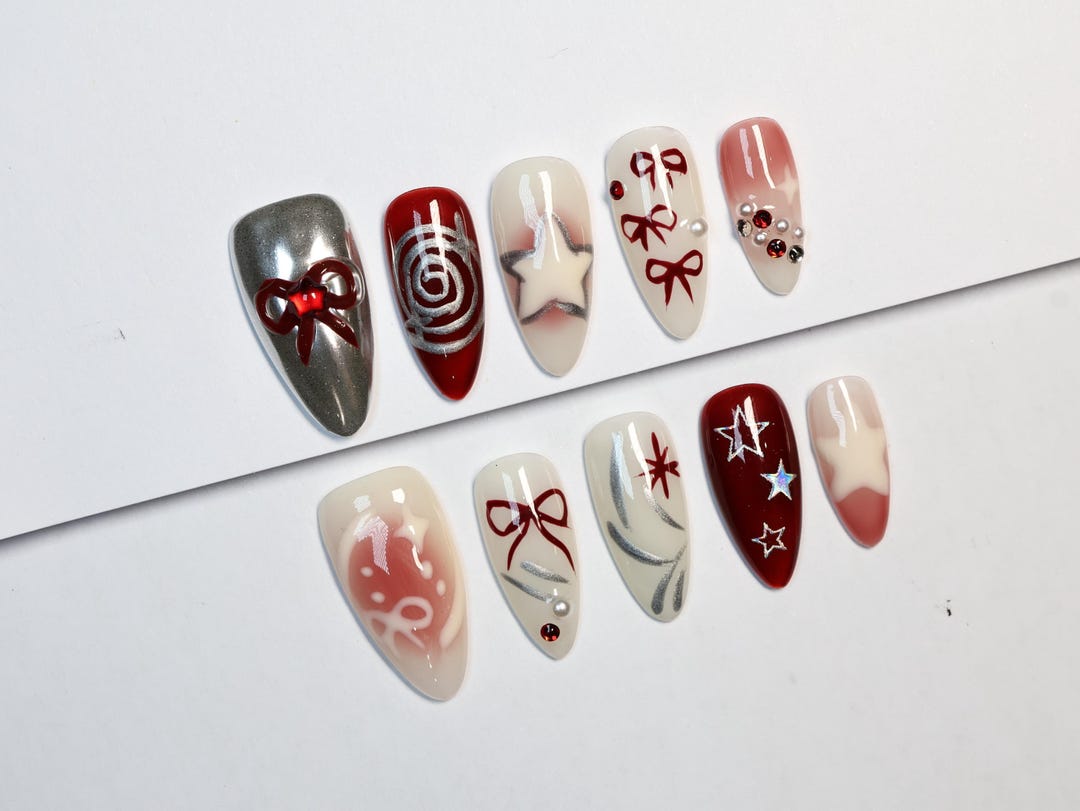 Festive Red and Silver Press-on Nails, 3D Bow and Star Nail Set - Etsy