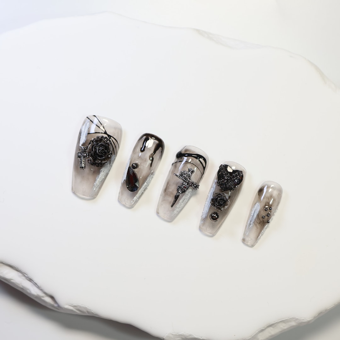 Gothic Black and Silver Press-on Nails, Cross and Rose Accents (set of ...