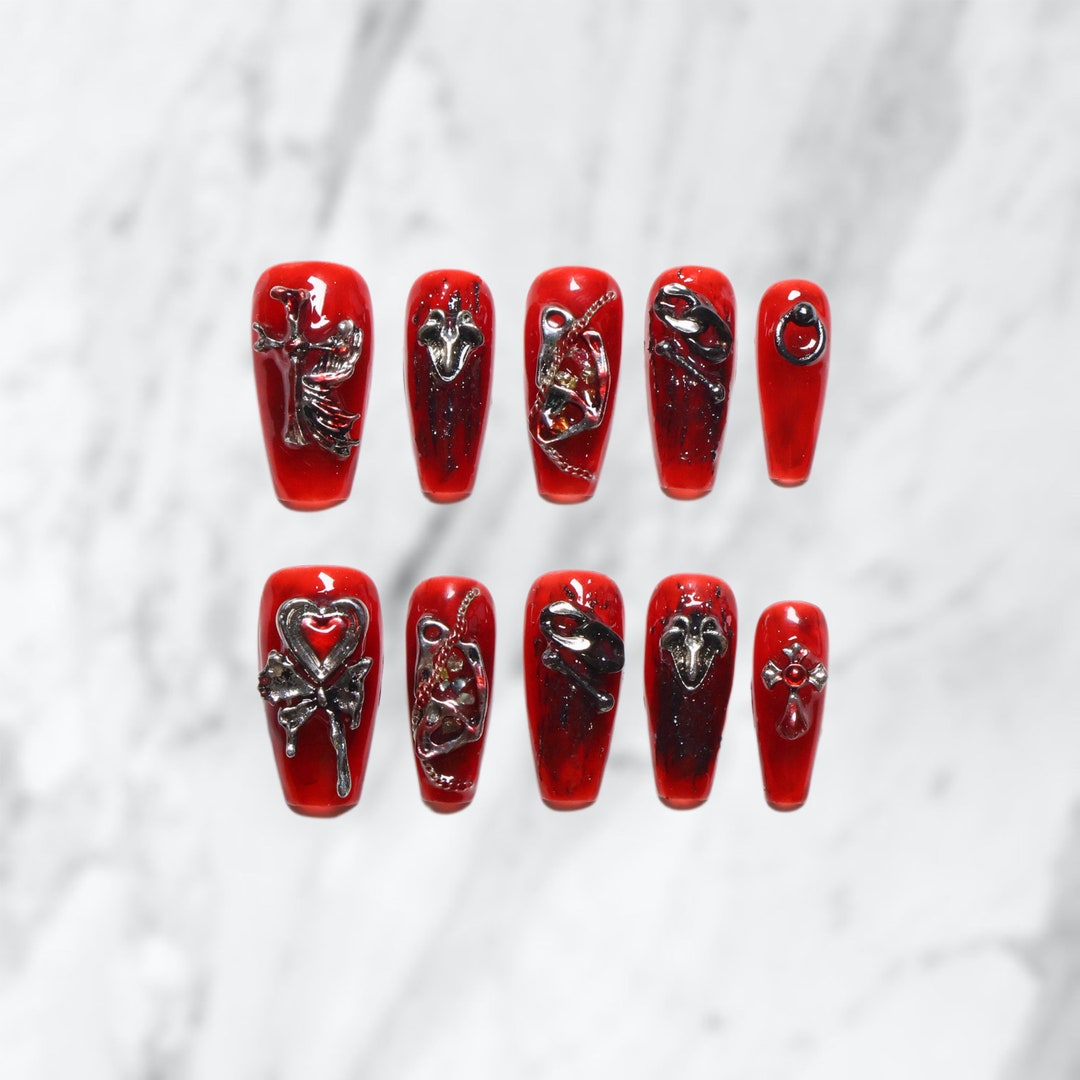 Deep Red Gothic Press on Nails With Cross Charms and Black Glittered ...