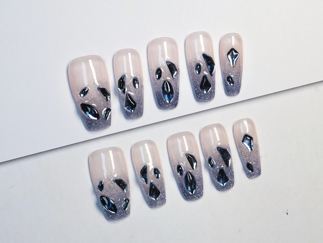 Blue Teardrop Gem Press-on Nails: Luxury Abstract Nail Set - Etsy UK