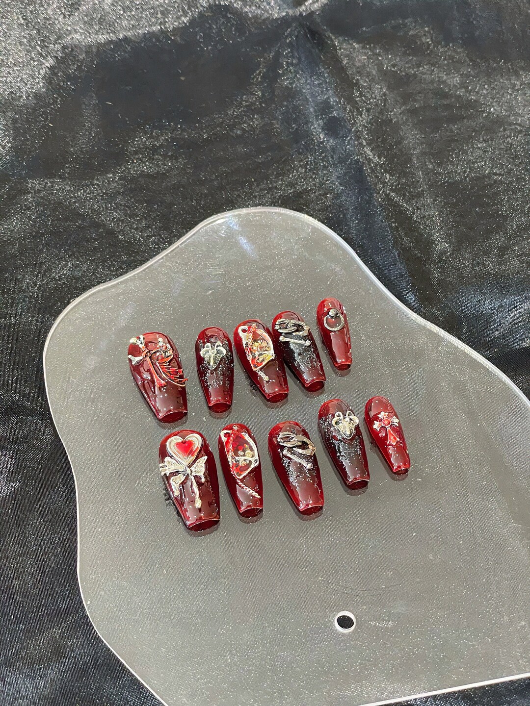 Deep Red Gothic Press on Nails With Cross Charms and Black Glittered ...