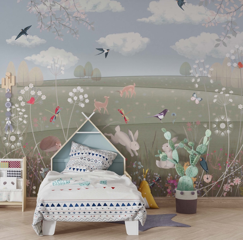 Rabbit Nursery Floral Wallpaper, Kids Wallpaper Peel and Stick, Nursery ...