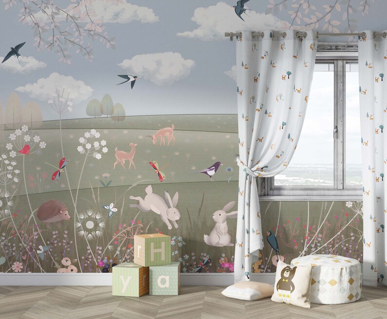 Rabbit Nursery Floral Wallpaper, Kids Wallpaper Peel and Stick, Nursery ...