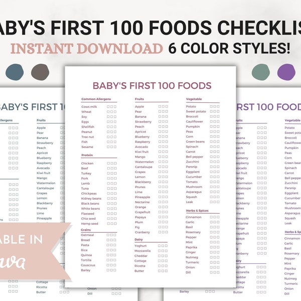 Baby Food Tracker Printable, Baby's First Food Checklist, Solids ...