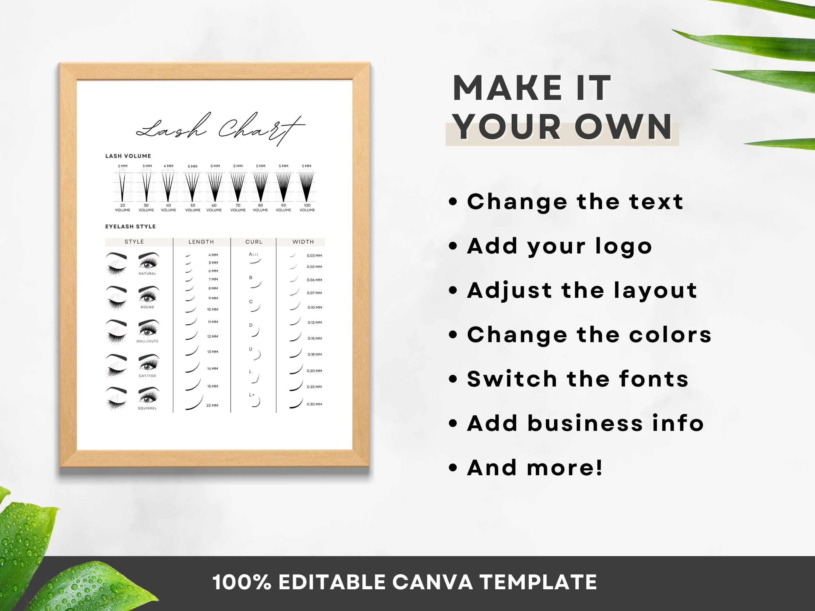 Printable Lash Chart Digital Eyelash Guide Eyelash Extension - Etsy