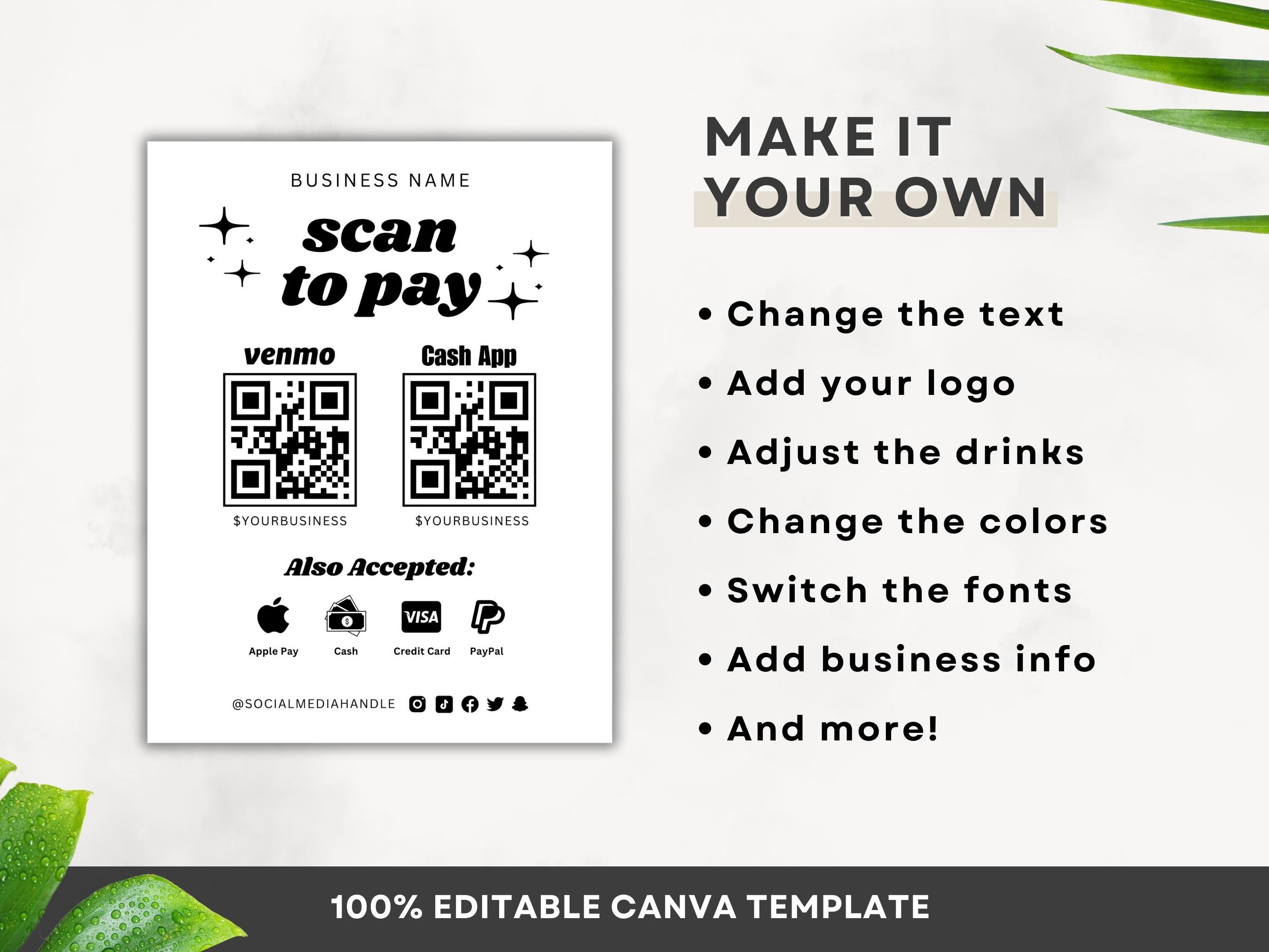 Printable Scan to Pay Sign Price List Template DIY QR Code - Etsy