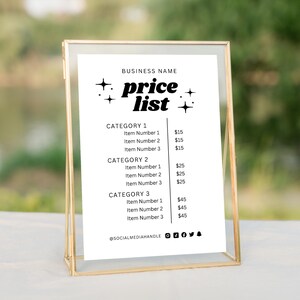 Printable Price List, Small Business Payment Sign List, Editable Price ...