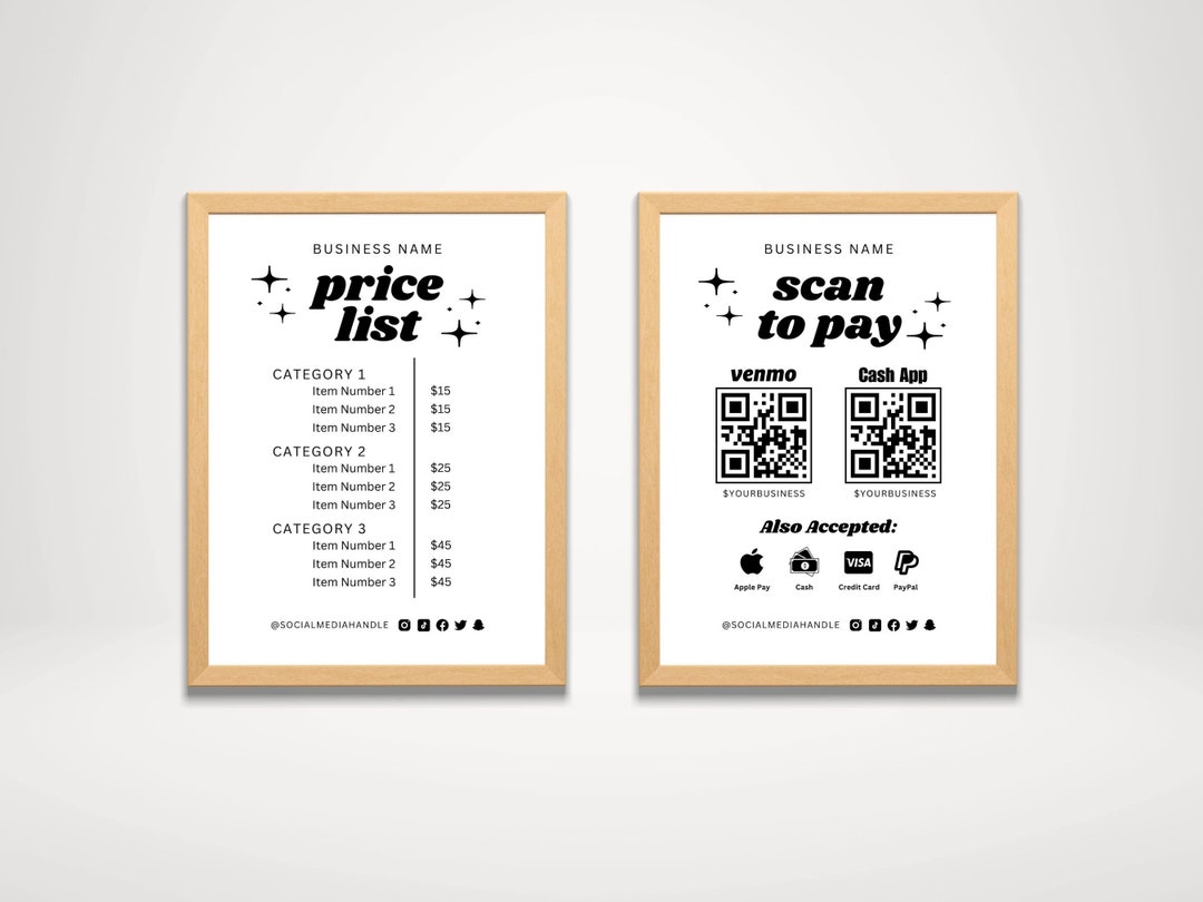 Printable Scan to Pay Sign, Price List Template, DIY QR Code Sign ...