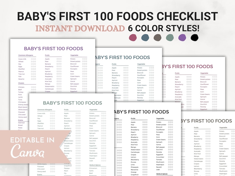 Baby Food Tracker Printable, Baby's First Food Checklist, Solids ...